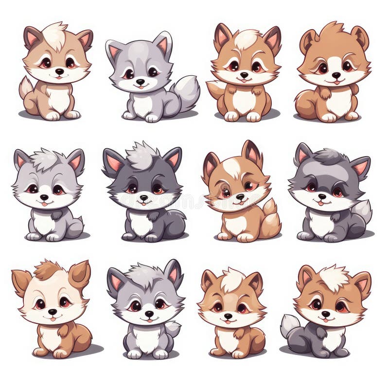 Collection of Cute Wolf Graphic on White Background Chibi Cute Style ...