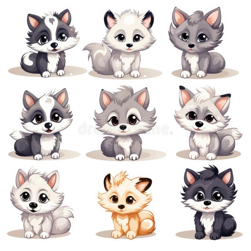 Collection of Cute Wolf Graphic on White Background Chibi Cute Style ...