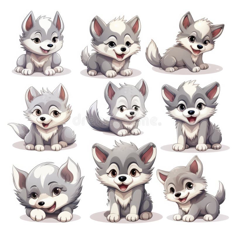 Collection of Cute Wolf Graphic on White Background Chibi Cute Style ...