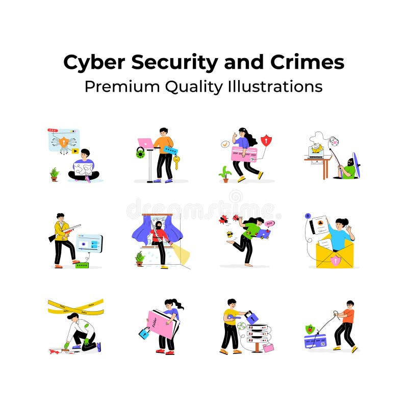 Collection of Cyber Security and Crimes Flat Illustrations Stock Vector - Illustration of cyber ...