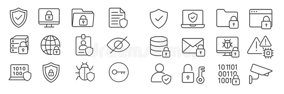 Collection of Cybersecurity Icons Illustrating Data Protection Tools ...