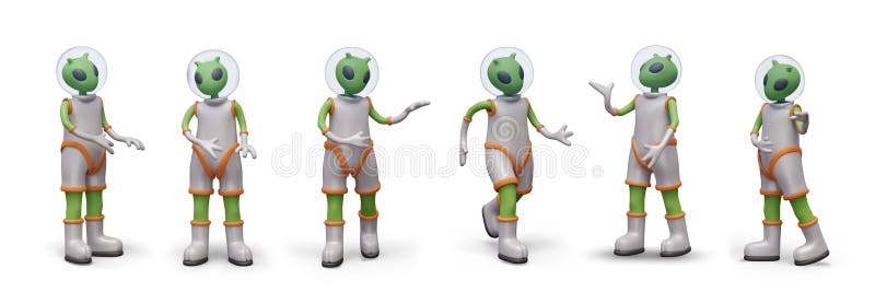 Collection of 3D Green Humanoids in Various Poses. Vector Alien ...
