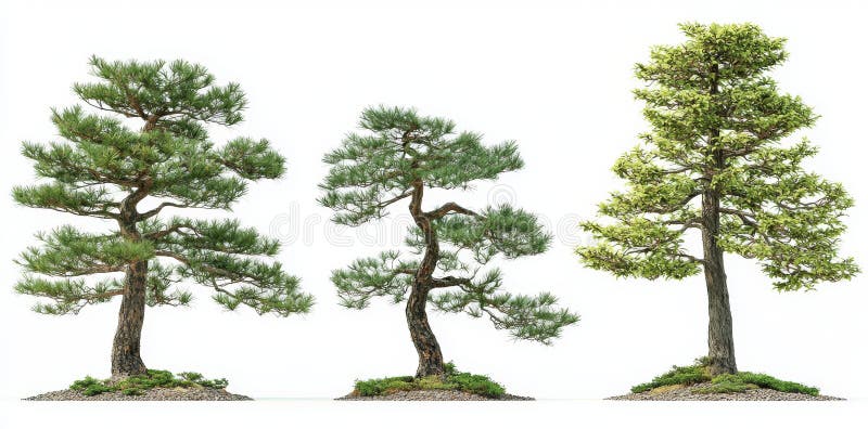A Collection of 3D Green Japanese Trees, Isolated Against a White ...