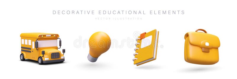 Collection of 3D Yellow School Icons. Set of Decorative Educational ...