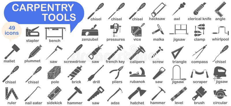 Collection of Dark Full Icons of Carpentry Tools. Tool for a Carpentry ...