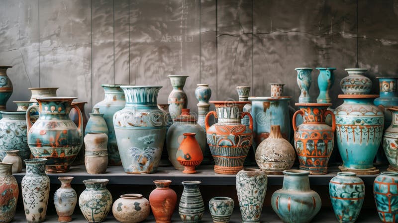 A Collection of Decorated Ceramic Vessels and Amphorae Stock Image ...