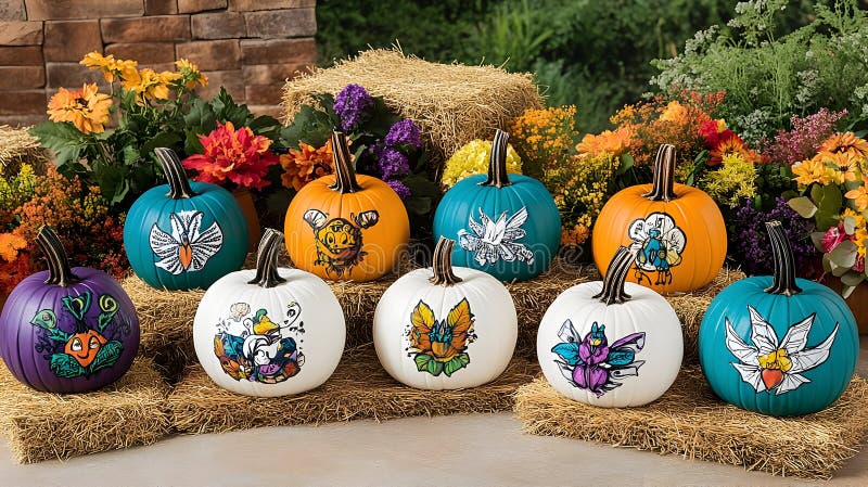 A Collection of Decorated Pumpkins Featuring Colorful Designs and ...