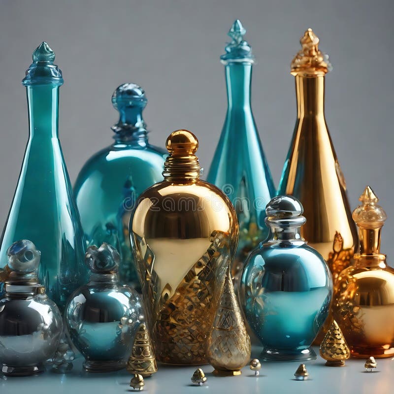 A Collection of Decorative Bottles and Vials of Various Shapes and ...