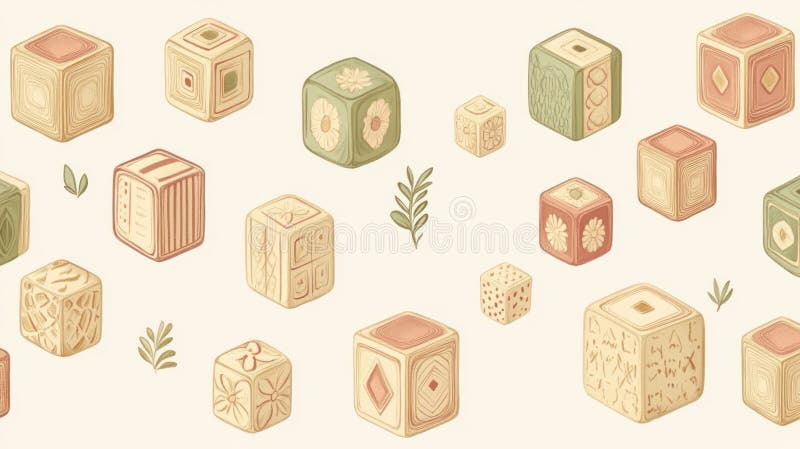 A Collection of Decorative Cubes with Various Patterns and Colors on a ...