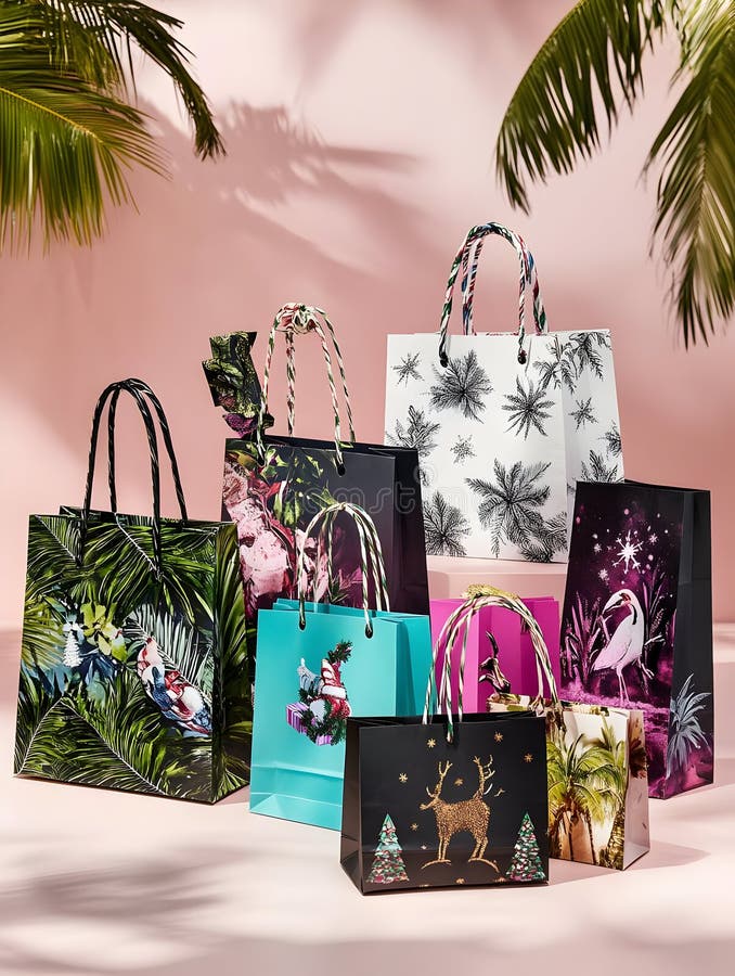 A Collection of Decorative Gift Bags with Tropical and Festive Designs ...