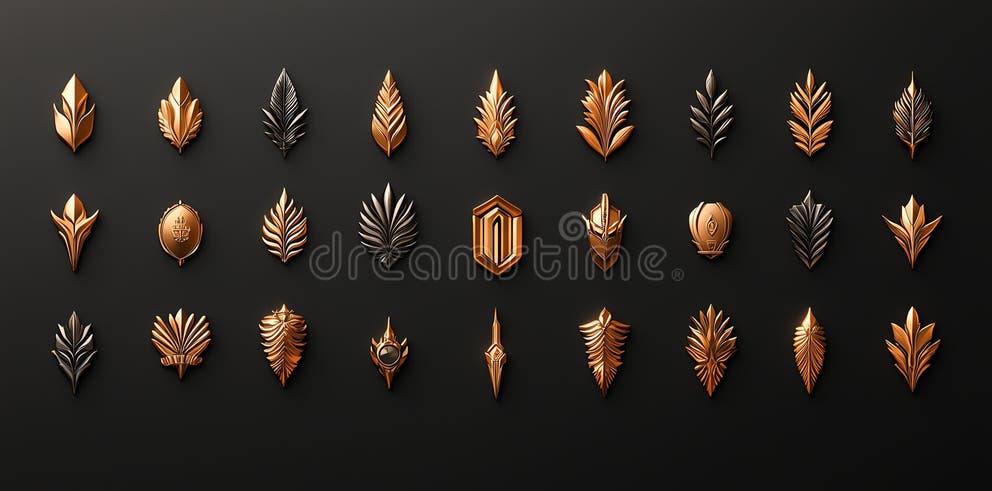 A Collection of Decorative Metallic Elements Featuring Various Leaf and ...