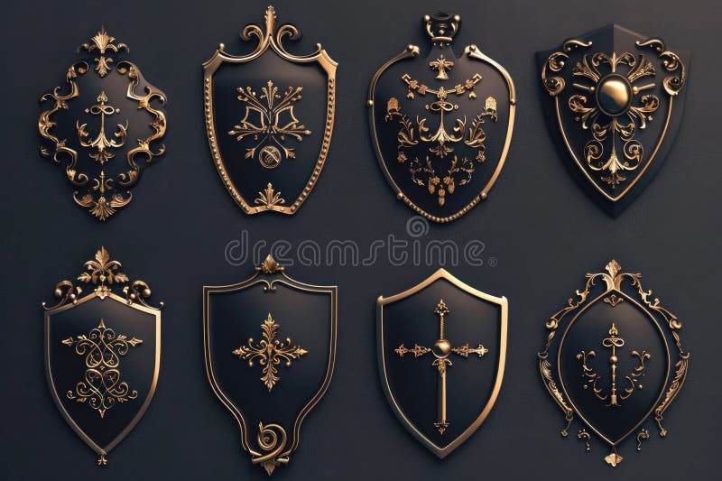 A Collection of Decorative Shields Adorns a Wall, Suitable for Use in ...