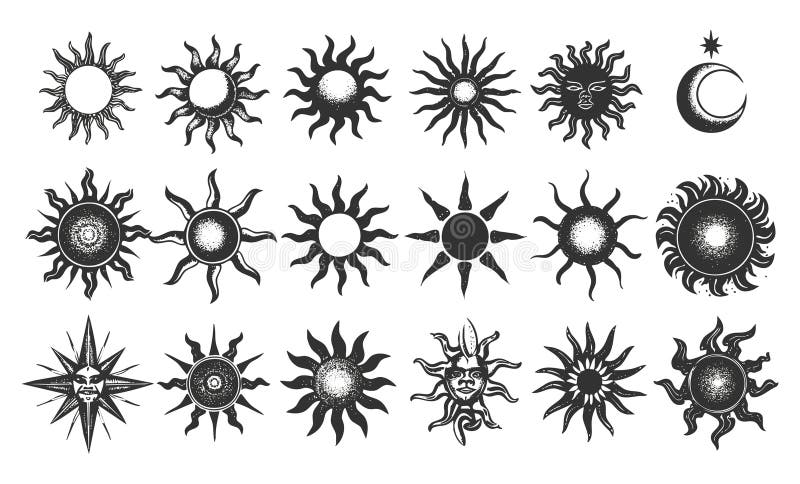 Collection of Decorative Sun and Moon Symbol Designs in Black and White ...