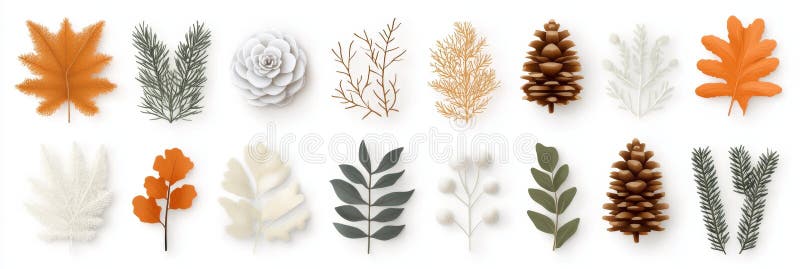 A Collection of Delicate Leaves, Branches, and Pinecones in Various ...