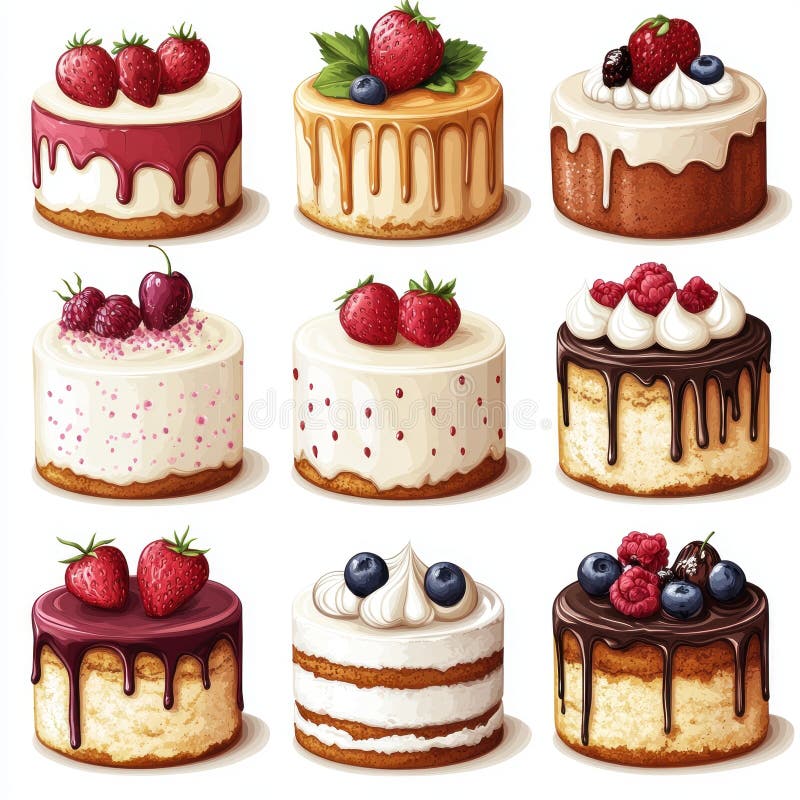 Collection of Delicious Cakes with Various Toppings - Illustration ...