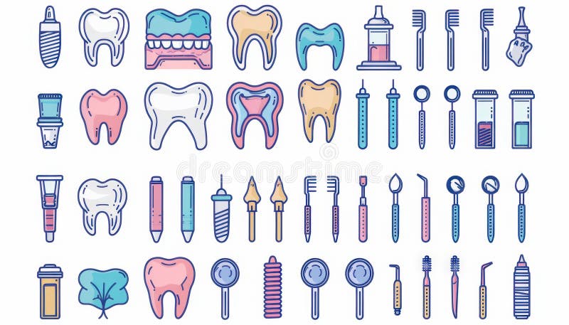 Collection of Dental Tools, Materials, and Teeth Illustrations in a ...