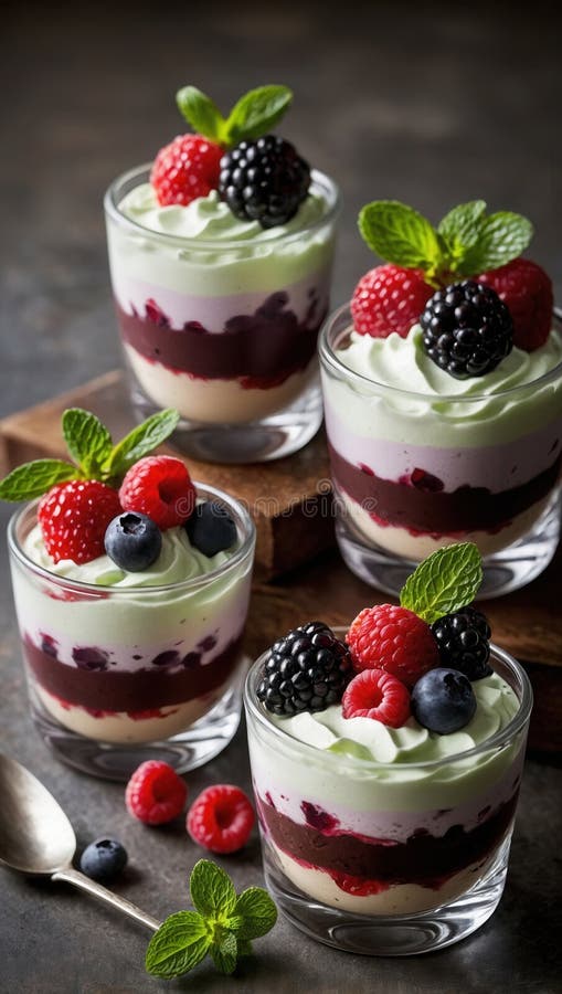 Collection of Desserts Focused on Creamy Textures and Berry Garnish ...