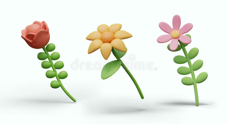 Collection of Detailed 3D Flowers in Tilted Position. Vector Cute ...