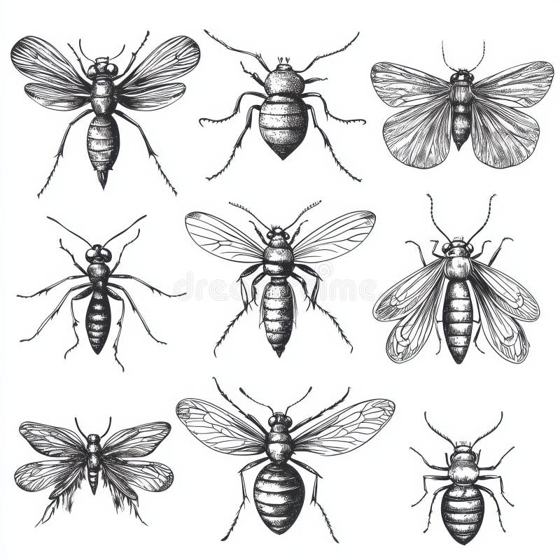 Collection of Detailed Vintage Insect Illustrations in Black and White ...
