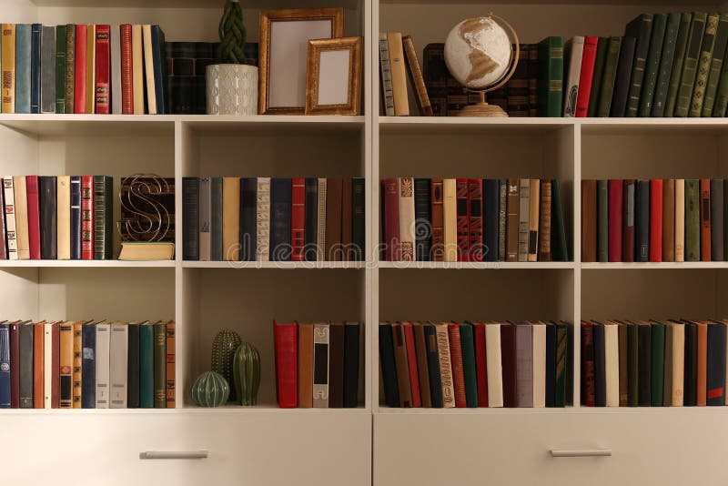 Collection of Different Books and Decorative Elements on Shelves in ...