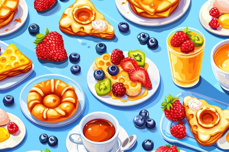 A Collection of Different Breakfast Foods and Drinks Arranged on a Blue ...