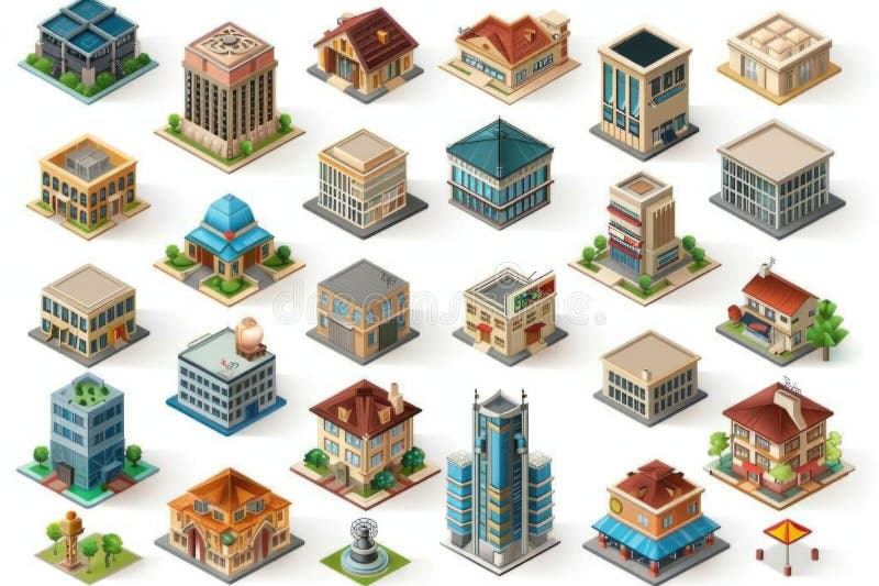 Collection of Different City Buildings on a Clean White Background ...