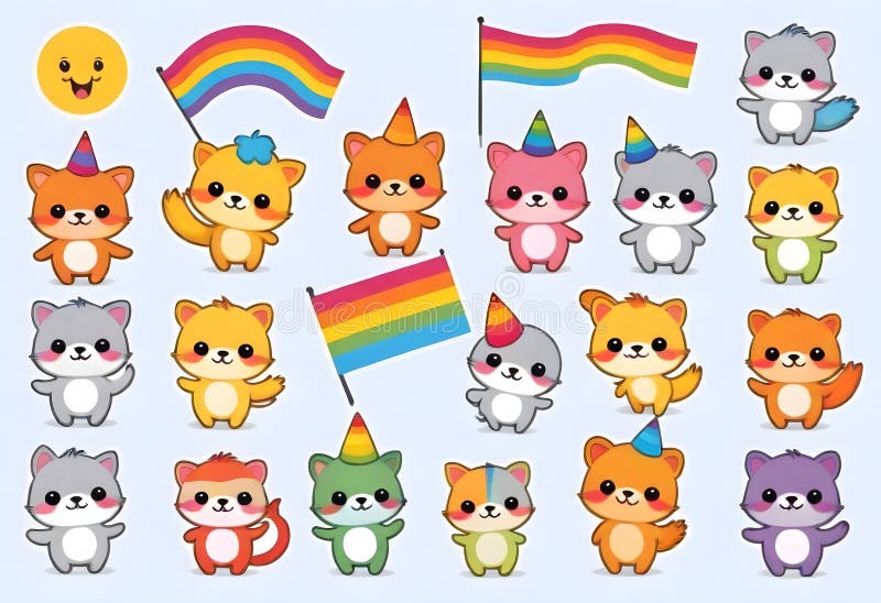 A Collection of Different Colored Animals with Rainbow Flags Stock ...
