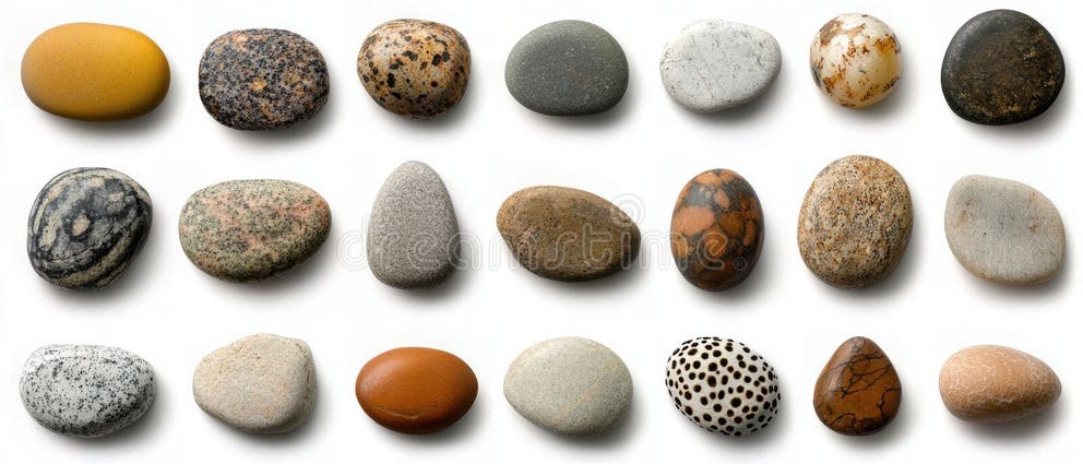 A Collection of 15 Different Colored and Patterned Rocks Arranged in a ...