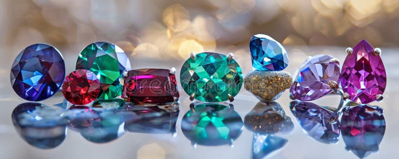 A Collection of Different Gemstones Arranged on a Reflective Surface ...