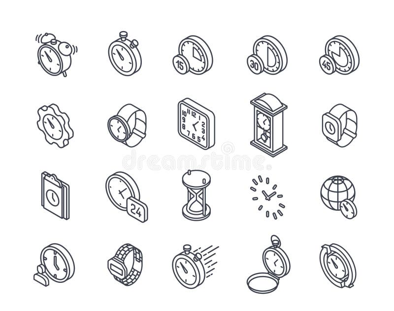Collection of Isometric Clock Icons in Doodle Style, Displayed on a ...