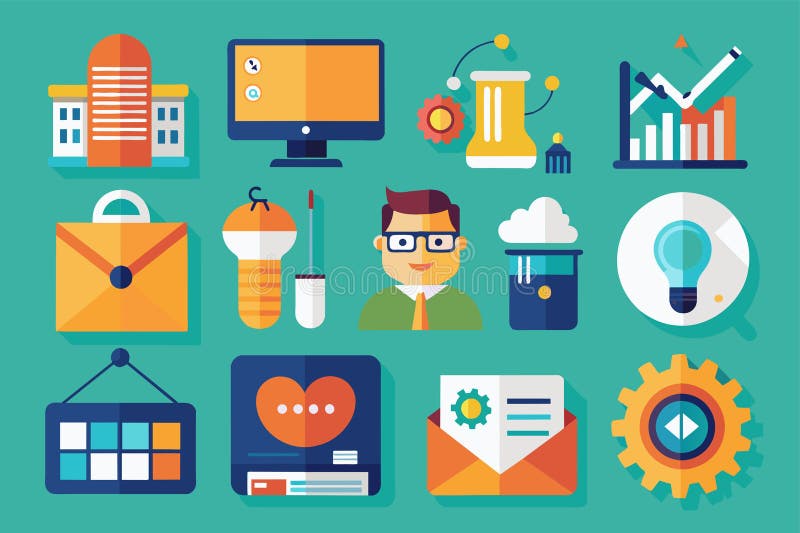 Collection of Different Items on a Blue Backdrop, Including Work Icons ...