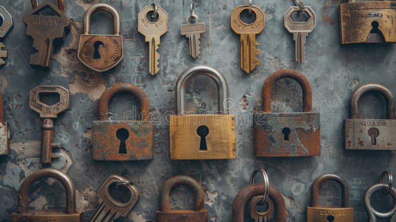 Collection of Different Locks and Keys on a Wall. Suitable for Security ...