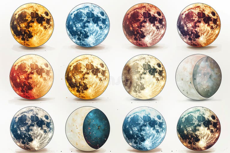 Collection of Different Moon Phases Each Displayed in a Unique Color ...