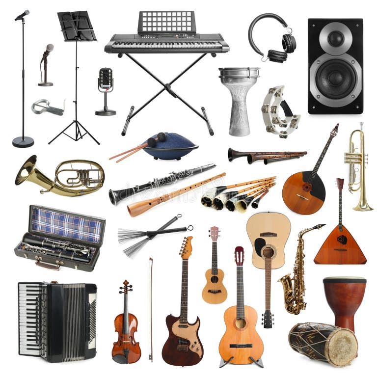 Collection of Different Musical Instruments on White Background Stock ...