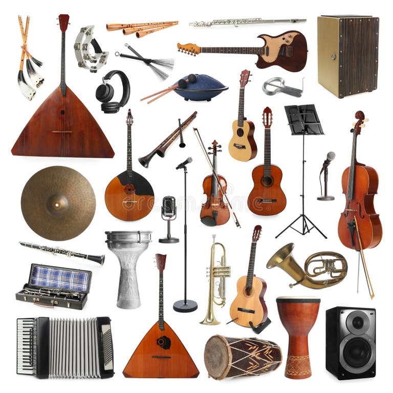 Collection of Different Musical Instruments on White Background Stock ...