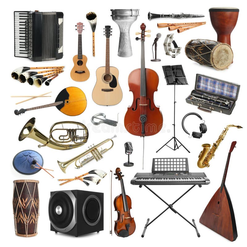Collection of Different Musical Instruments on White Background Stock ...