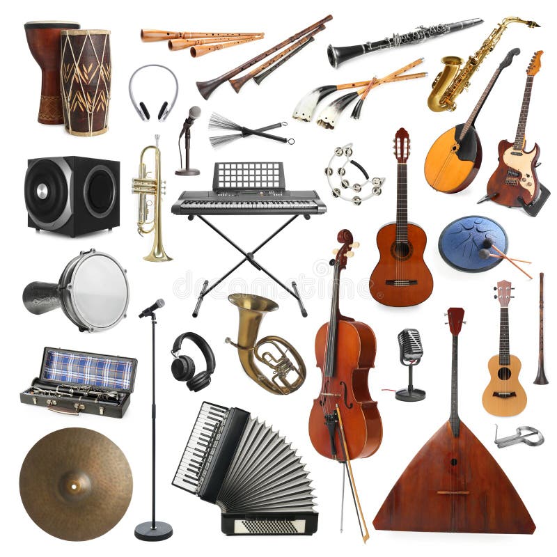 Collection of Different Musical Instruments on White Background Stock ...