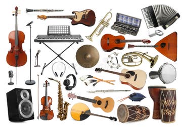 Collection of Different Musical Instruments on White Background Stock ...