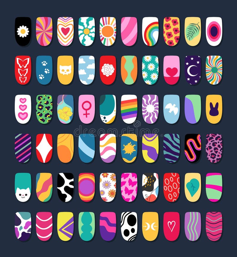 Collection of Different Nail Design Art. Colorful Creative Manicure ...