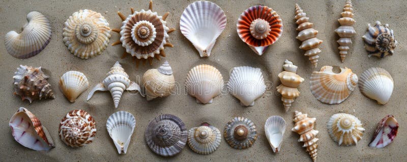 A Collection of Different Seashells Arranged in a Circular Pattern on a Sandy Beach, Showcasing ...
