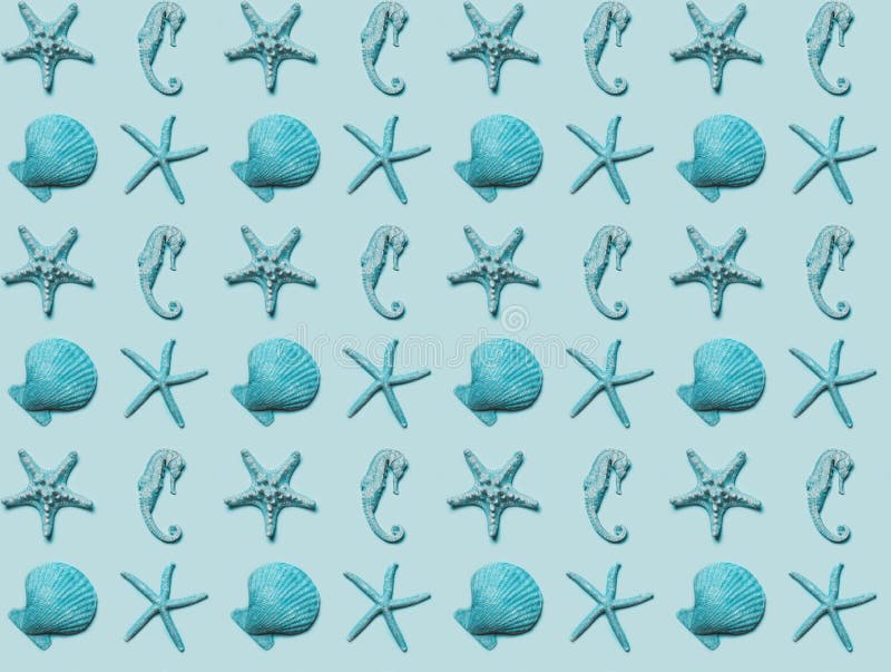 Collection of Different Seashells, Seamless Pattern of Turquoise Shells ...