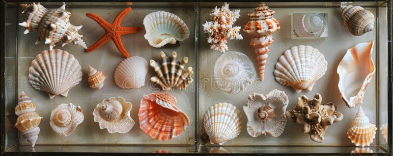 A Collection of Different Shells and Coral Pieces Displayed in a Glass ...