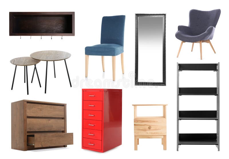 Collection of Different Stylish Furniture on White Background Stock ...