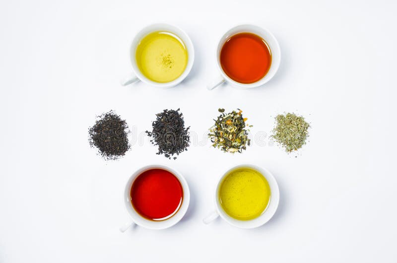 Collection of Different Teas in Cups with Tea Leaves on a White ...