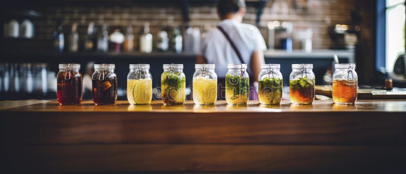 Assorted Drinks in a Line of Filled Jars for Refreshment and Variety ...