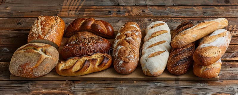 A Collection of Different Types of Bread Arranged on a Rustic Wooden ...