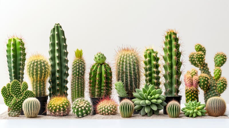 A Collection of Different Types of Cactus on a White Background Stock ...
