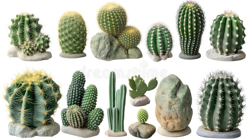 A Collection of Different Types of Cactus on a White Background Stock ...