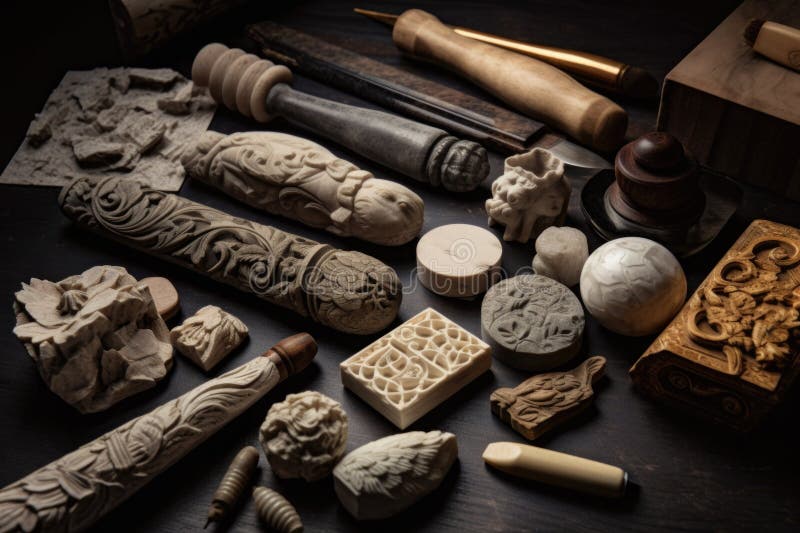 Collection of Different Types of Carving Materials, Including Stone ...