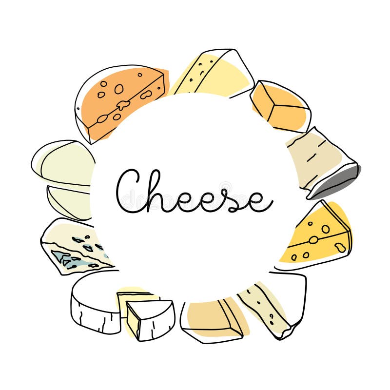 Collection Different Types of Cheeses in Line Art Drawing Style in ...